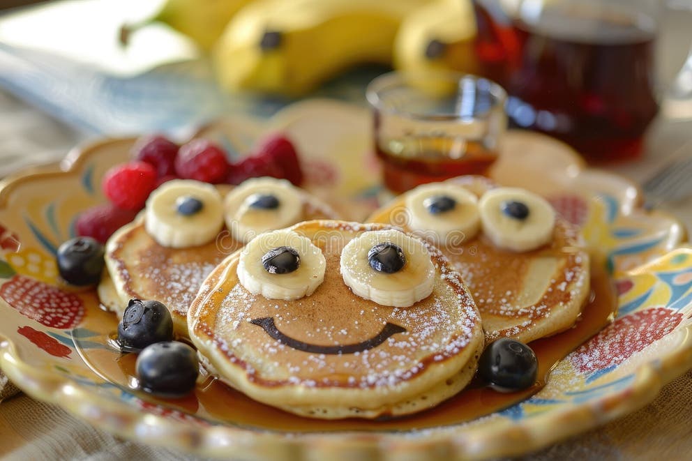 Happy Breakfast Stack with Syrup and Berries, Pancake Smiles Stock ...