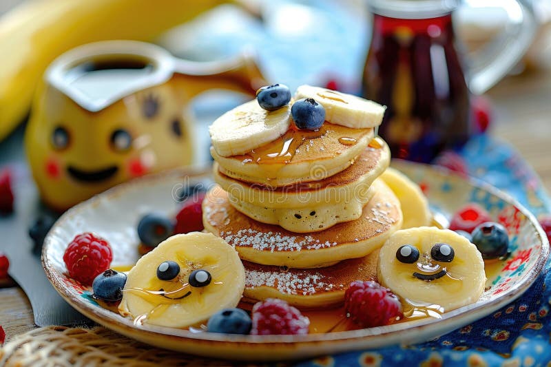 Happy Breakfast Stack with Syrup and Berries, Pancake Smiles Stock ...