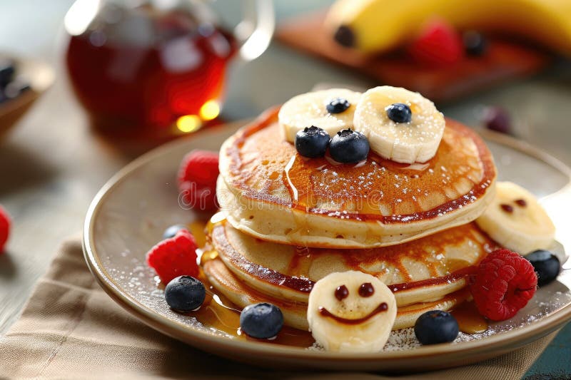 Happy Breakfast Stack with Syrup and Berries, Pancake Smiles Stock ...