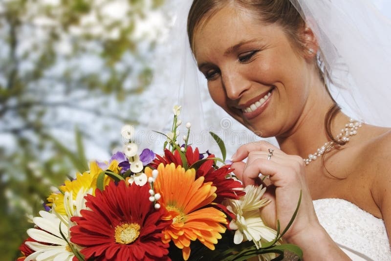 Happy bride stock image. Image of wedding, flowers, colorful - 5009565