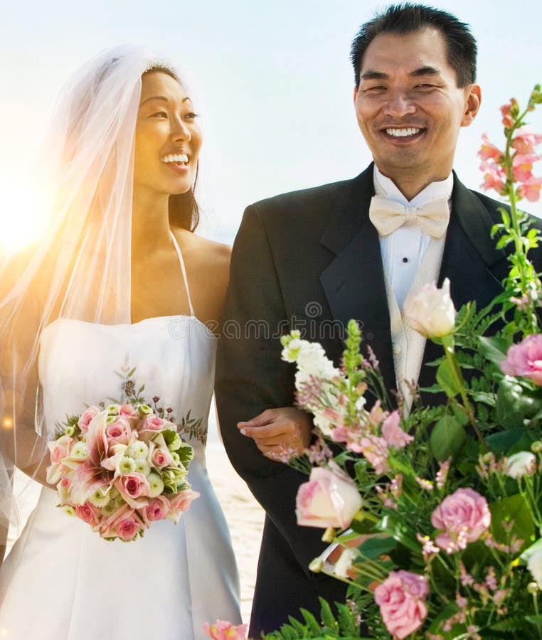 Bride and Father with Groom at Beach Wedding Stock Image - Image of ...