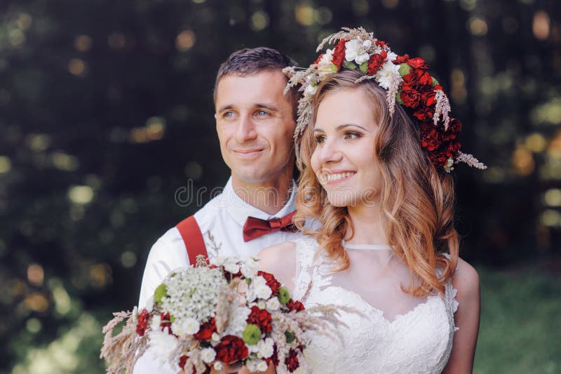 Happy Bride and Groom Walking in Spring Day Stock Photo - Image of kiss ...