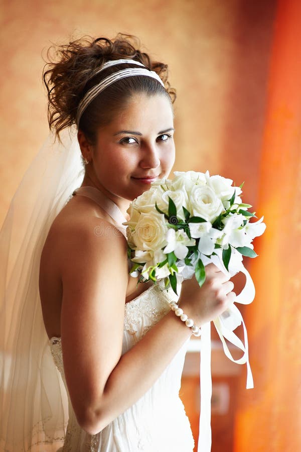 Happy Bride Near Window with Flowers Stock Image - Image of success ...