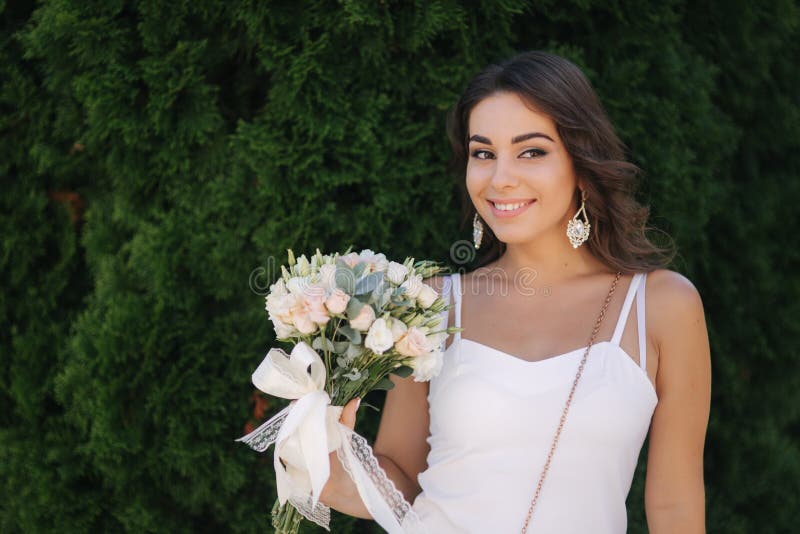 Happy Bride Raised Hand Up with Bouquet Stock Image - Image of love ...