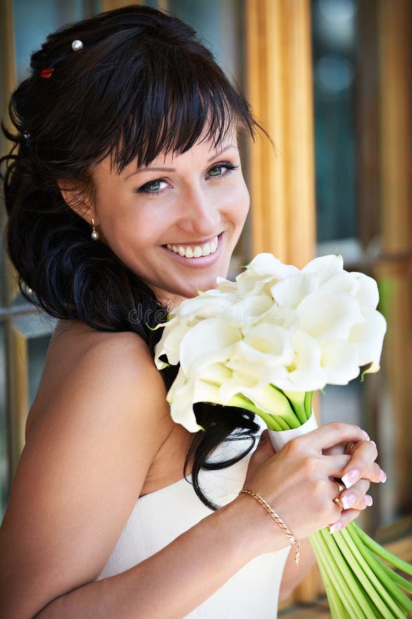 Happy Bride with Wedding Bouquet Stock Photo - Image of person, female ...