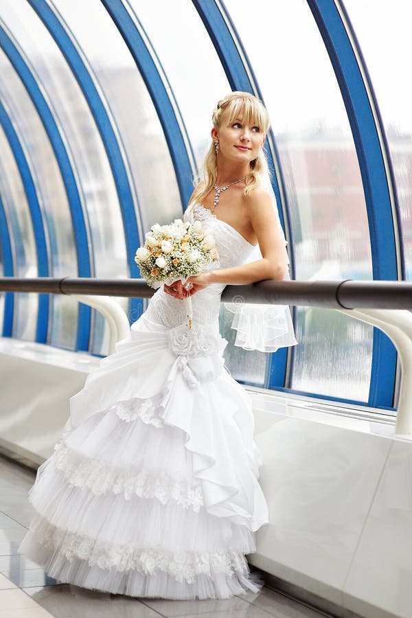 Happy Bride with Wedding Bouquet on Bridge Stock Photo - Image of rich ...