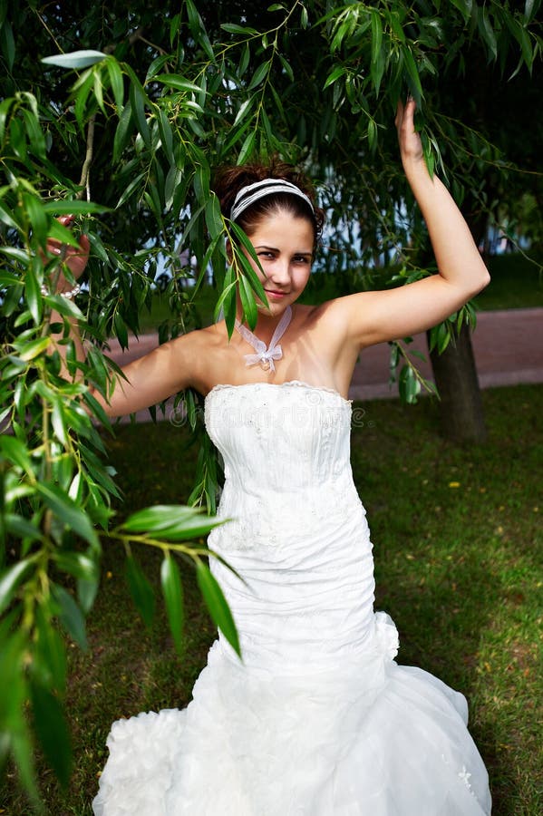 Happy Bride in Wedding Dress and Branch of Tree Stock Photo - Image of ...