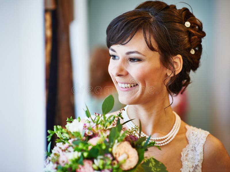 Happy Bride with Weding Bouquet Stock Image - Image of brunette, adult ...