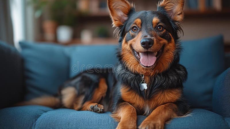 Happy Brown Black Dog Relaxing Blue Sofa Stock Photos - Free & Royalty ...