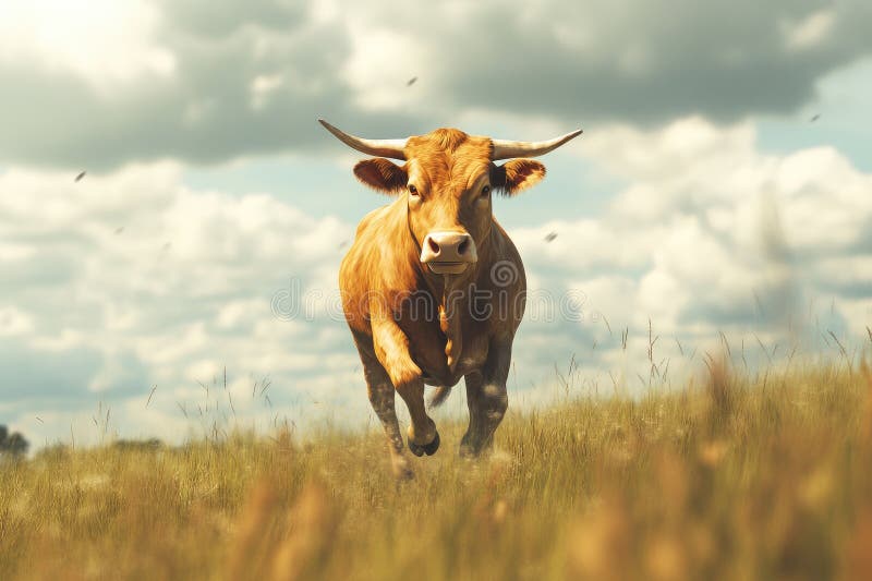 Happy Brown Cow Running and Jumping in a Summer Meadow Stock ...