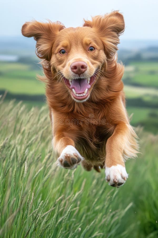 Happy Brown Dog Running through Tall Grass with Ears Flapping in the ...