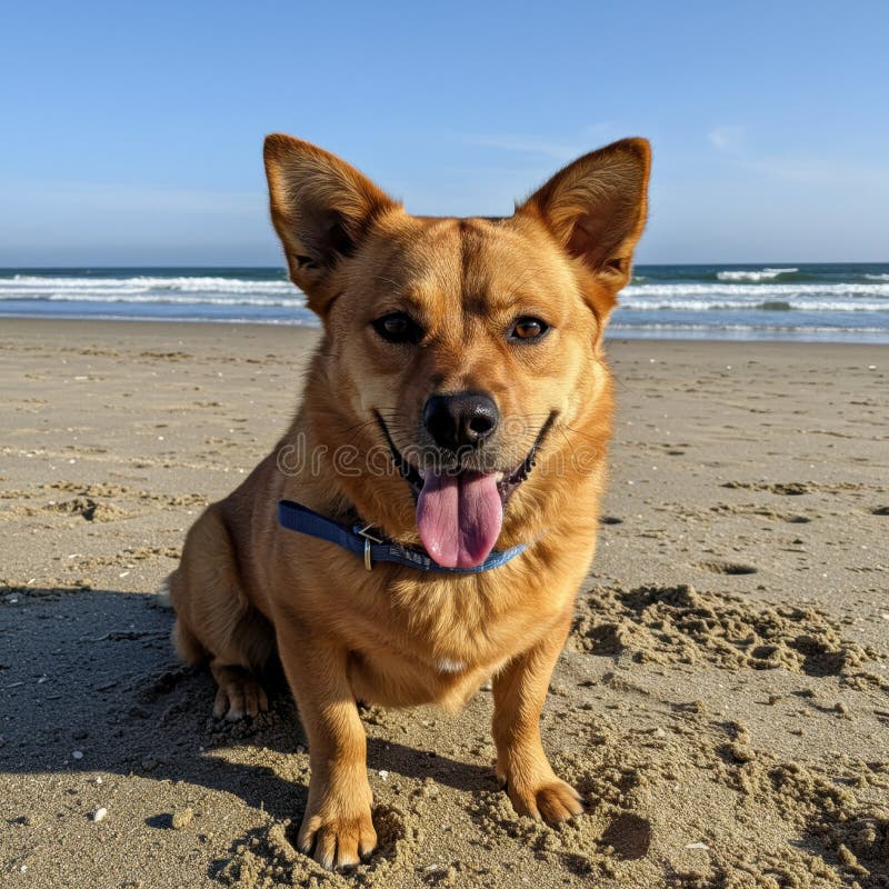 Happy Brown Dog Sitting on Sandy Beach Stock Illustration ...