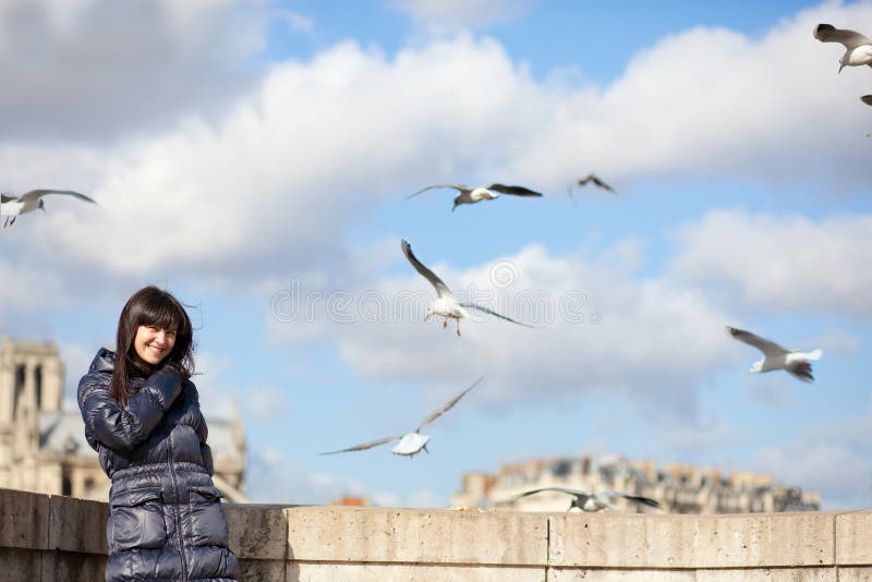 Happy Brunette Girl in Paris at Windy Spring Day Stock Photo - Image of ...