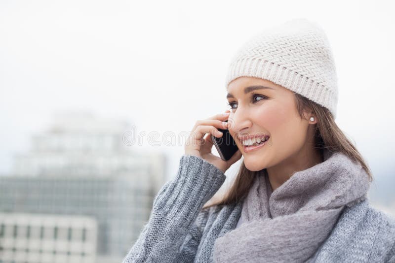 Happy Brunette with Winter Clothes on Having a Call Stock Photo - Image ...