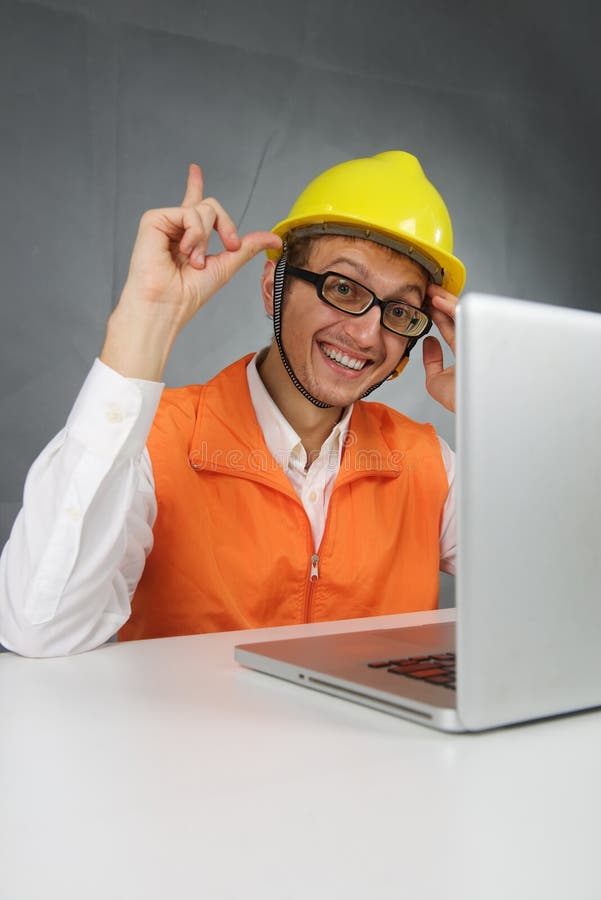 Happy Builder with Computer. Stock Photo - Image of technology ...