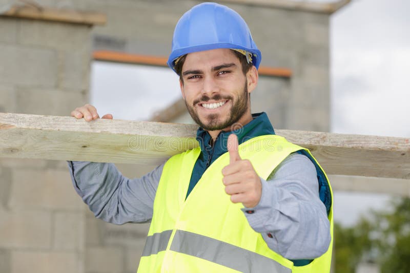 Happy Builder Man Laughing and Making Thumbs Up Stock Image - Image of ...