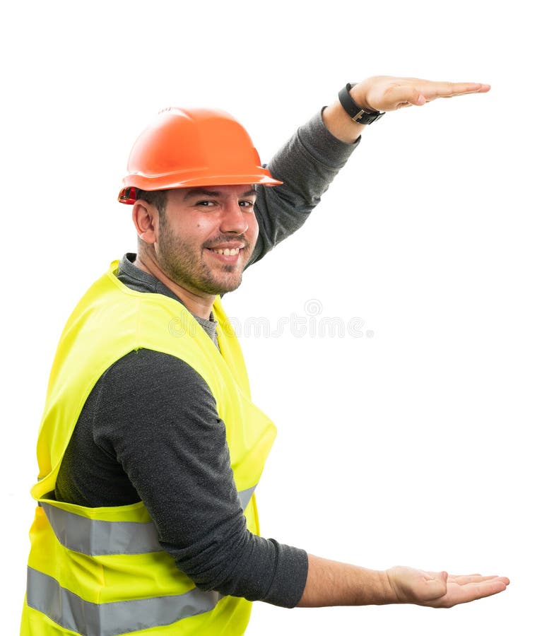 Happy Builder Man Presenting Object Copyspace between Hands Stock Photo ...