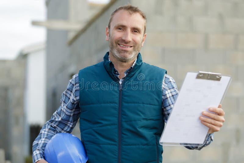 Happy builder outdoors stock image. Image of belt, entrepreneur - 262294627