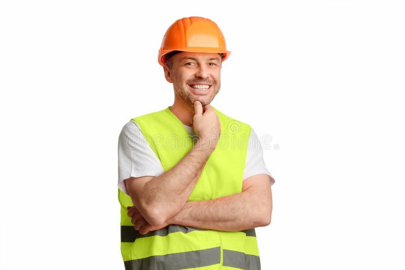 Happy Builder Smiling To Camera Posing Standing on White Background ...