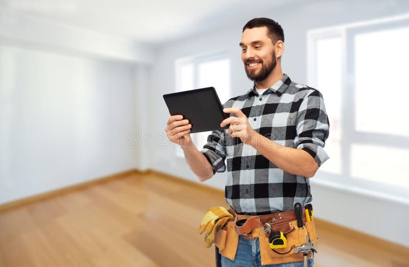 Happy Builder with Tablet Computer and Tools Stock Image - Image of ...