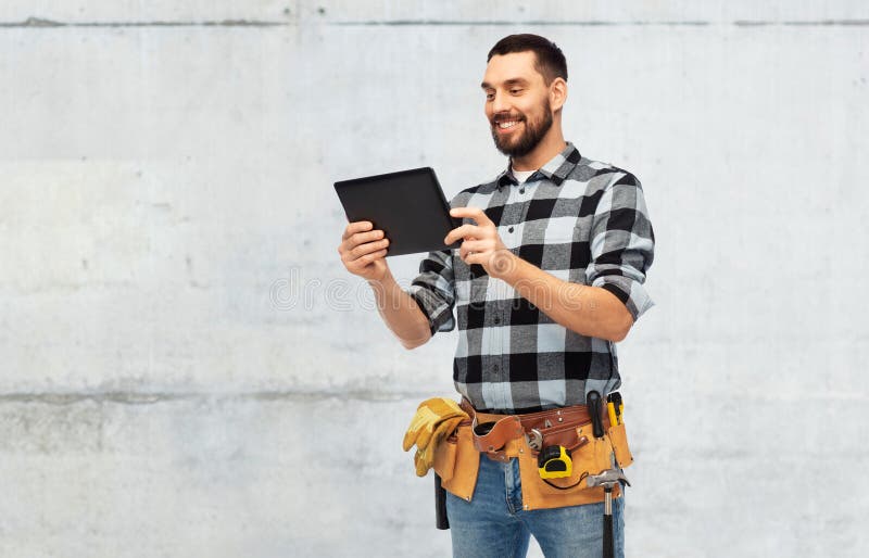 Happy Builder with Tablet Computer and Tools Stock Photo - Image of ...