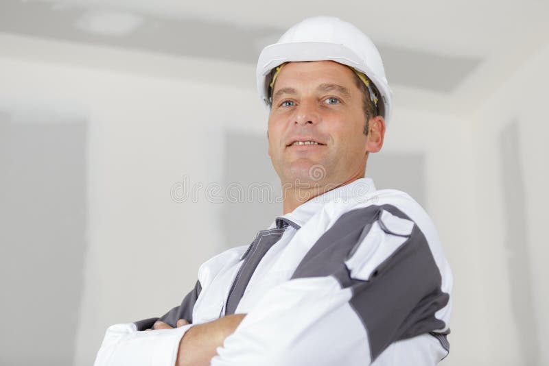 Happy Builder Worker at Construction Site Stock Image - Image of ...