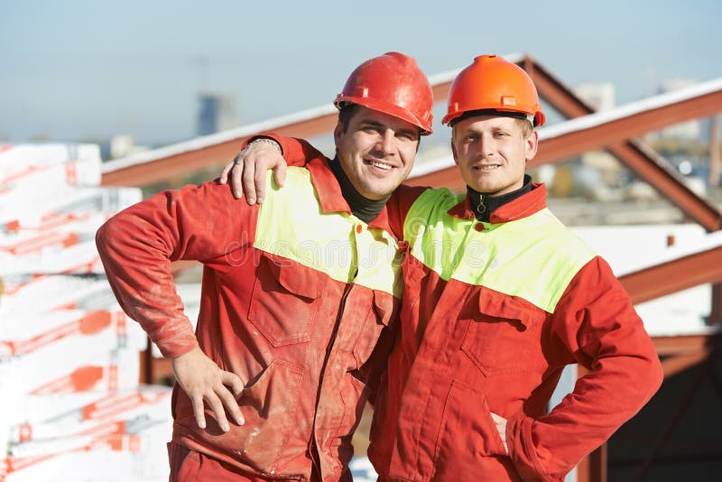Happy Builder Workers at Construction Site Stock Photo - Image of ...