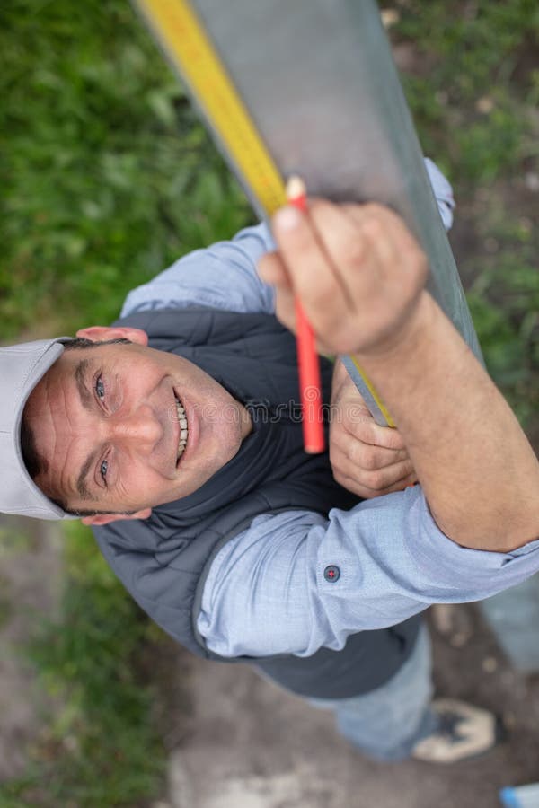 Happy Builder Working Outdoors Smiling Stock Photo - Image of close ...