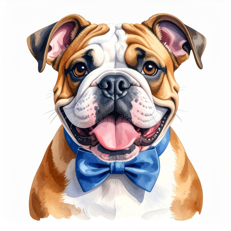 Happy Bulldog Portrait with Blue Bow Tie Stock Illustration ...