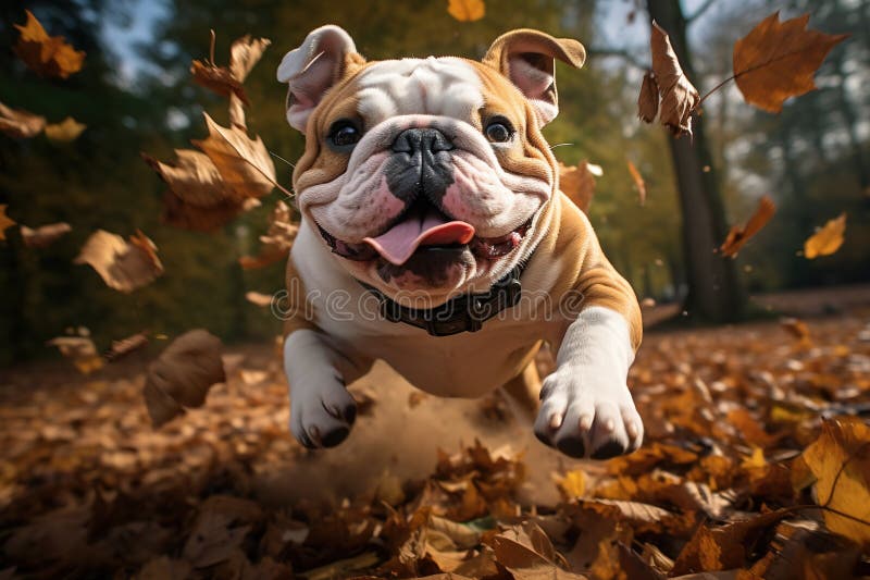 A Happy Bulldog Runs through the Autumn Leaves. Generative AI Stock ...