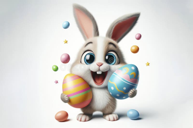 Happy Bunny with Big Colorful Easter Egg with Bulging Big Eyes on Solid ...