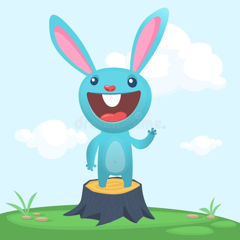 Happy Bunny Cartoon Isolated on Forest Background. Vector Illustration ...