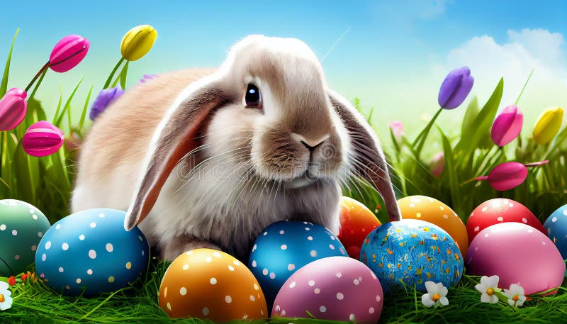 A Wonderful Happy Bunny with Many Easter Eggs Stock Illustration ...