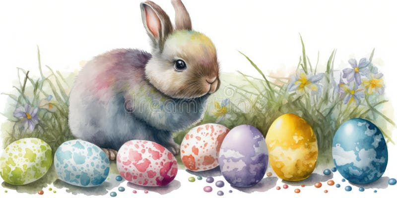 Happy Bunny Rabbit with Easter Eggs. Colorful Easter Holiday ...