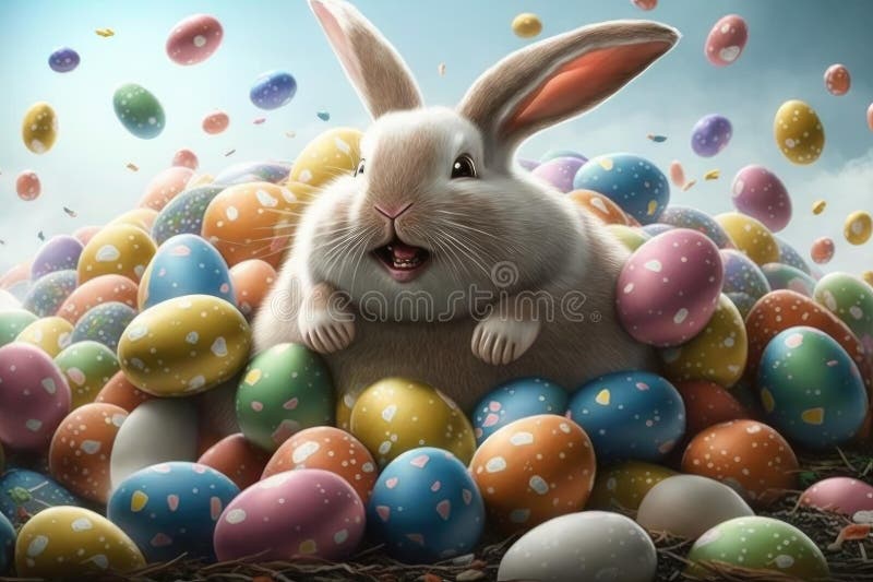 Happy Bunny Rabbit with Easter Eggs. Colorful Easter Holiday ...