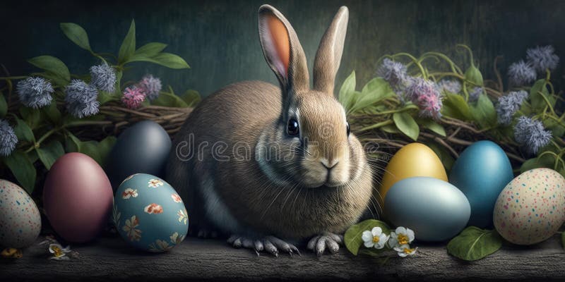 Happy Bunny Rabbit with Easter Eggs. Colorful Easter Holiday ...