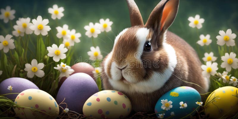 Happy Bunny Rabbit with Easter Eggs. Colorful Easter Holiday ...