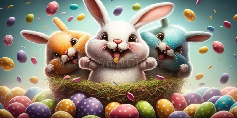 Happy Bunny Rabbit with Easter Eggs. Colorful Easter Holiday ...
