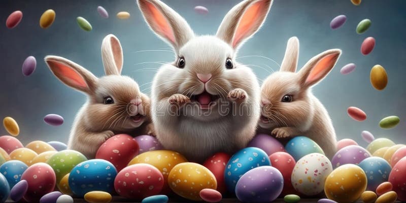 Happy Bunny Rabbit with Easter Eggs. Colorful Easter Holiday ...