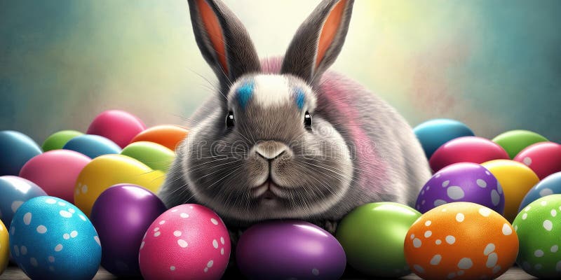 Happy Bunny Rabbit with Easter Eggs. Colorful Easter Holiday ...