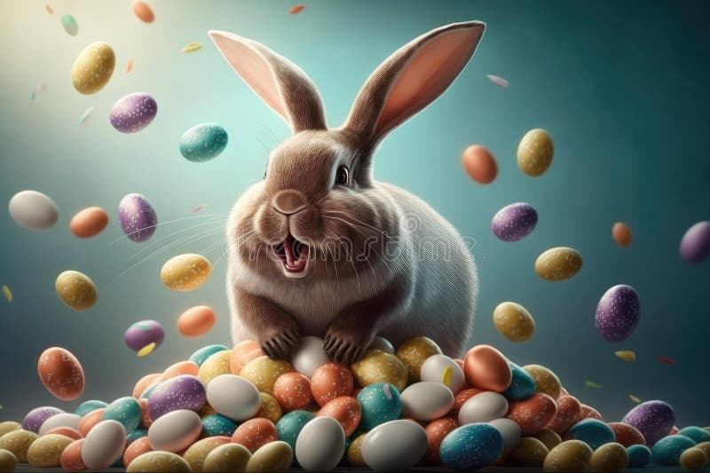 Happy Bunny Rabbit with Easter Eggs. Colorful Easter Holiday ...