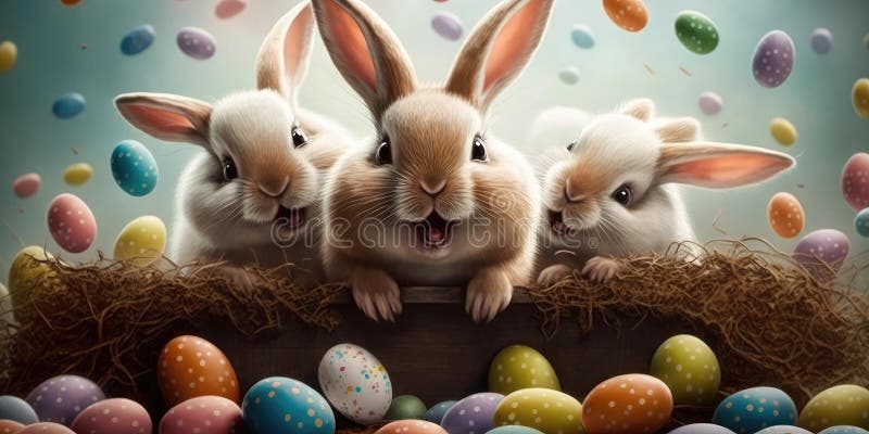 Happy Bunny Rabbit with Easter Eggs. Colorful Easter Holiday ...
