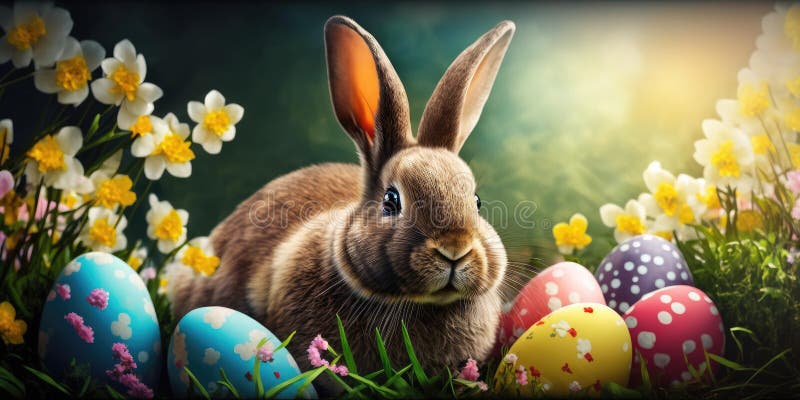 Happy Bunny Rabbit with Easter Eggs. Colorful Easter Holiday ...