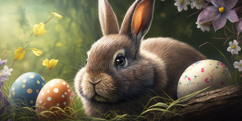 Happy Bunny Rabbit with Easter Eggs. Colorful Easter Holiday ...