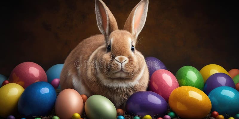 Happy Bunny Rabbit with Easter Eggs. Colorful Easter Holiday ...