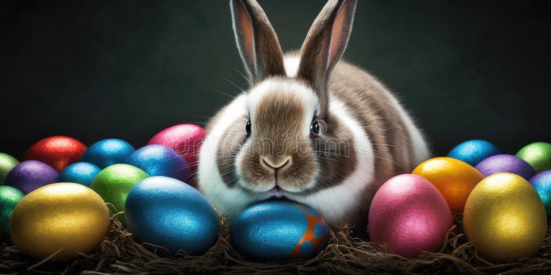 Happy Bunny Rabbit with Easter Eggs. Colorful Easter Holiday ...