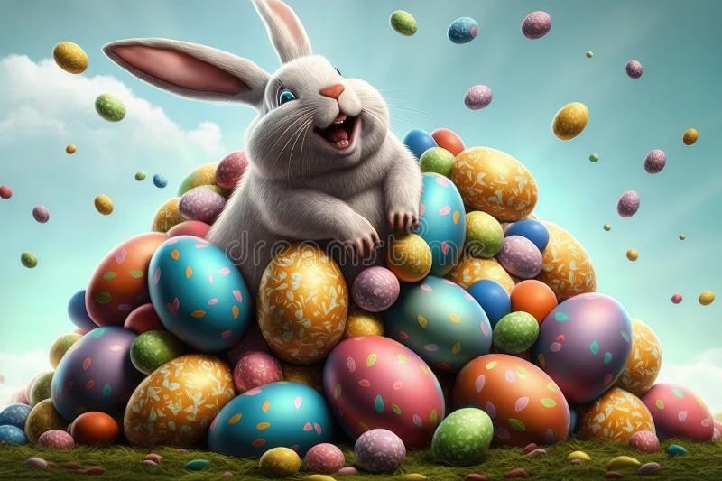 Happy Bunny Rabbit with Easter Eggs. Colorful Easter Holiday ...