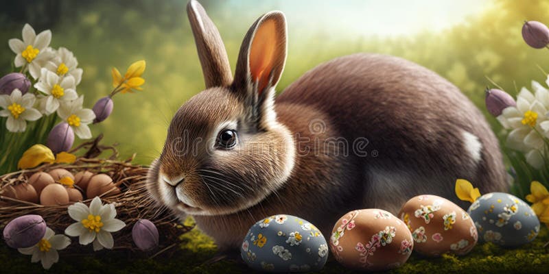 Happy Bunny Rabbit with Easter Eggs. Colorful Easter Holiday ...