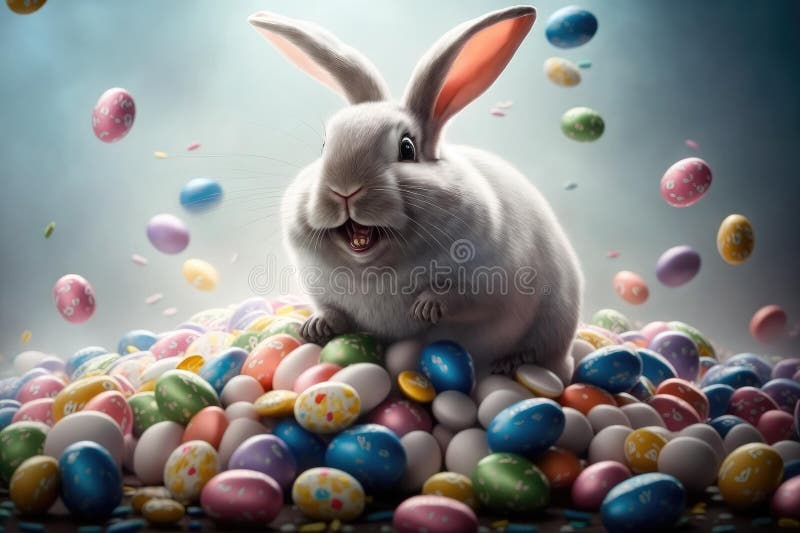 Happy Bunny Rabbit with Easter Eggs. Colorful Easter Holiday ...