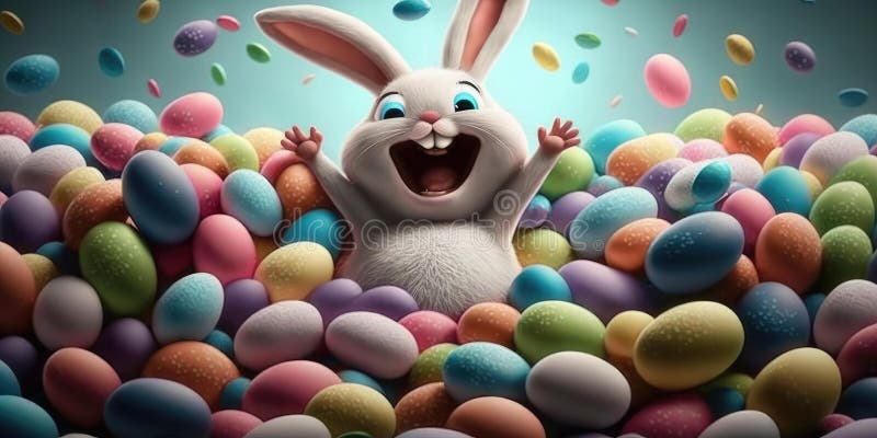 Happy Bunny Rabbit with Easter Eggs. Colorful Easter Holiday ...